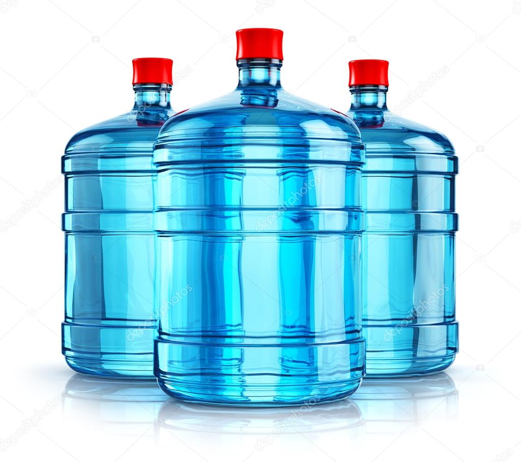 Three 19 liter or 5 gallon plastic drink water bottles