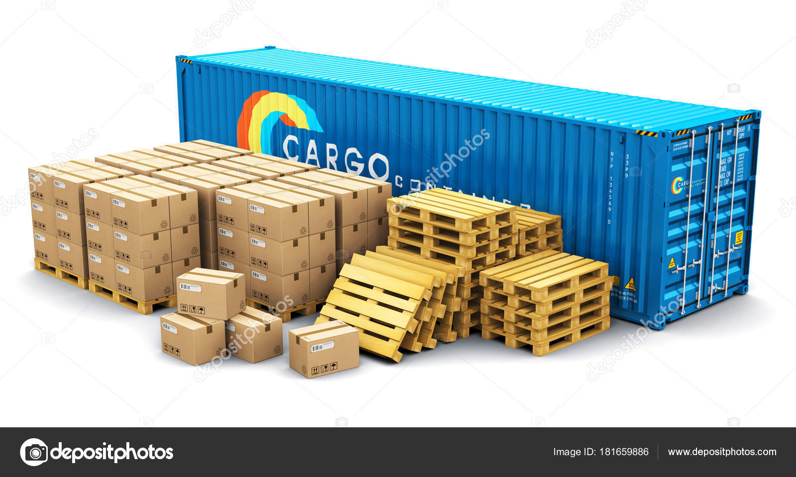 40 ft cargo container and shipping pallets with cardboard boxes Stock ...