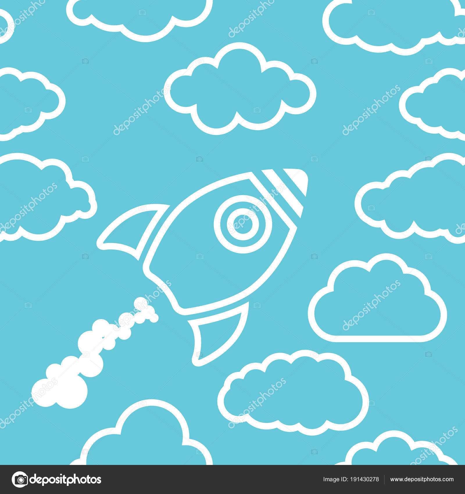 White Rocket Icon Clouds Blue Air Background Vector Seamless Background ...