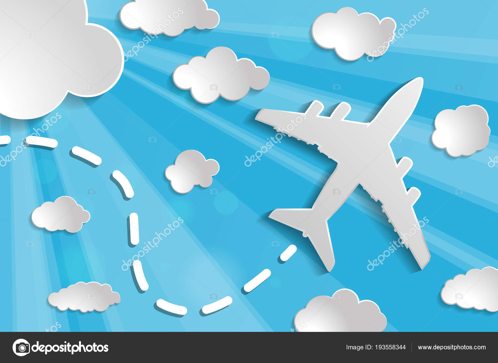 Paper Airplane Paper Clouds Light Beams Sun Rays Blue Background Stock ...