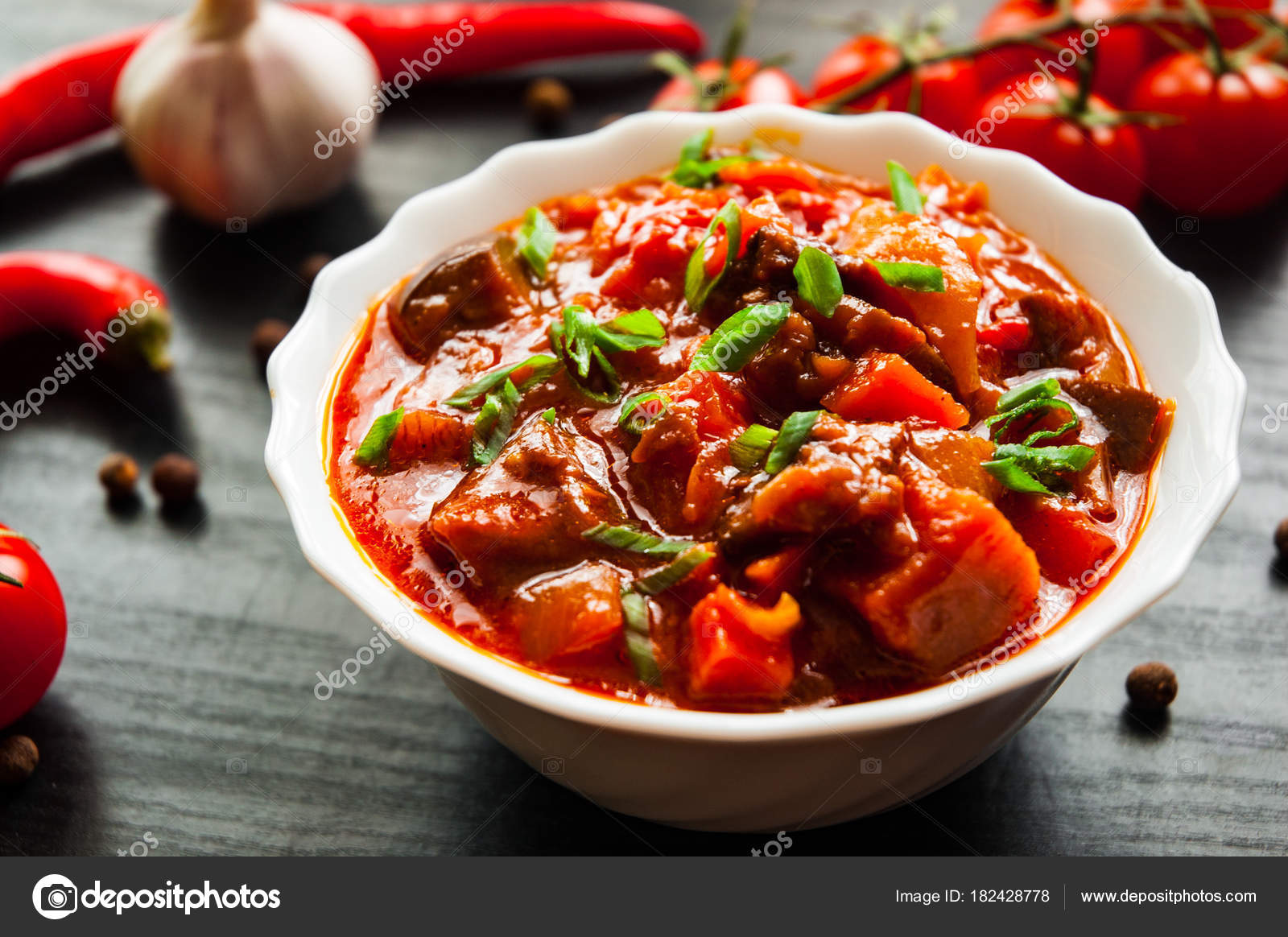 Goulash Vegetable Rague Eggplant Pepper Tomato Carrot White Bowl Dark ...