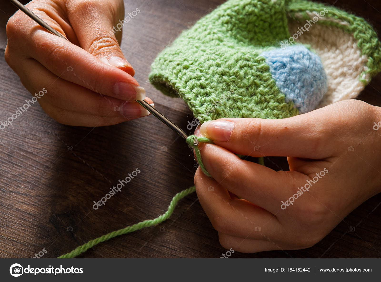 Woman Hands Knitting Crochet Hook Wooden Background — Stock Photo ...