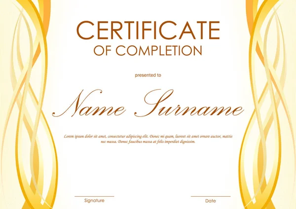 Horizontal golden certificate (diploma) of completion (template) with ...