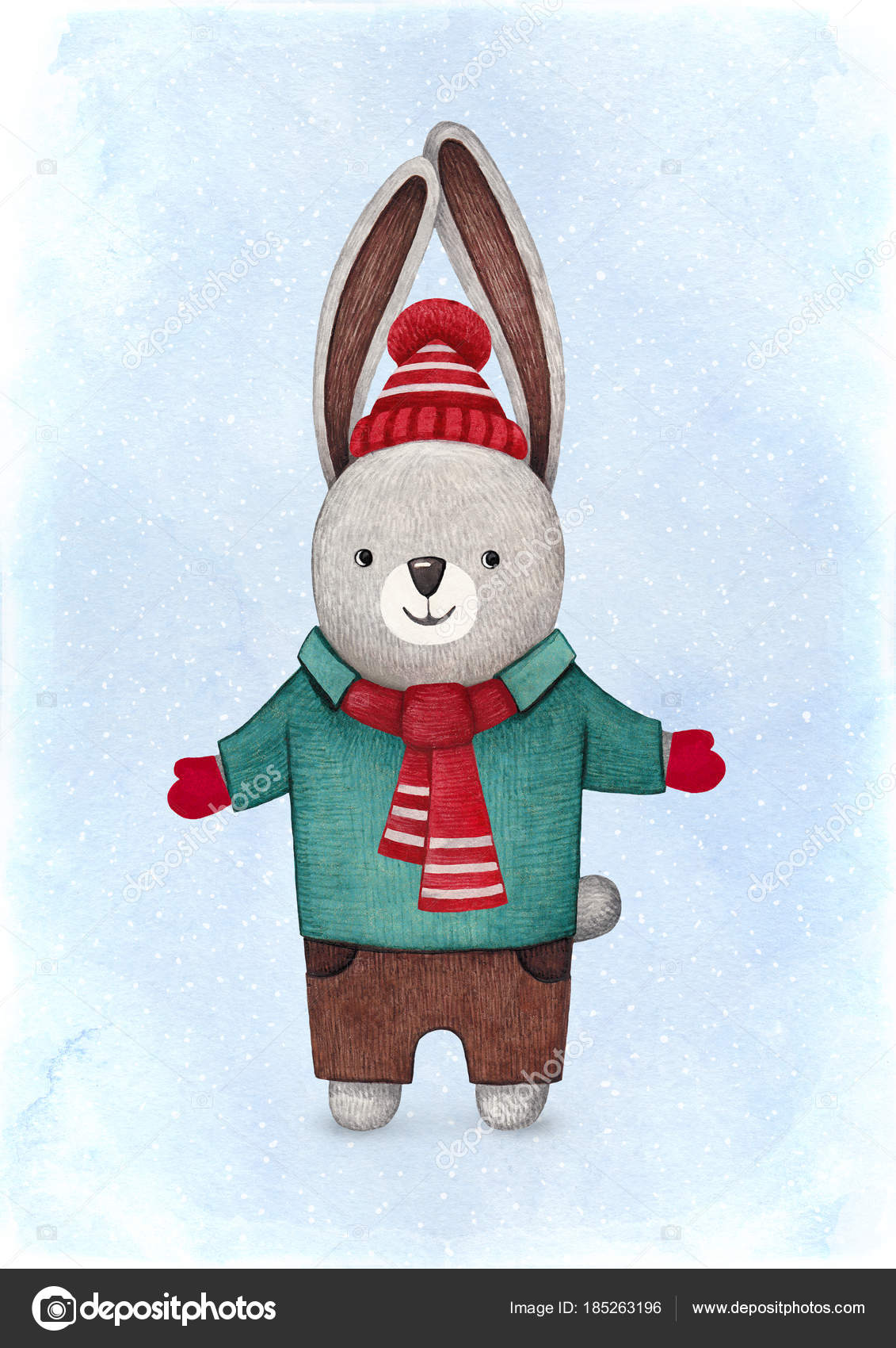 Watercolor Illustration Rabbit Perfect Christmas Greeting Cards Stock ...