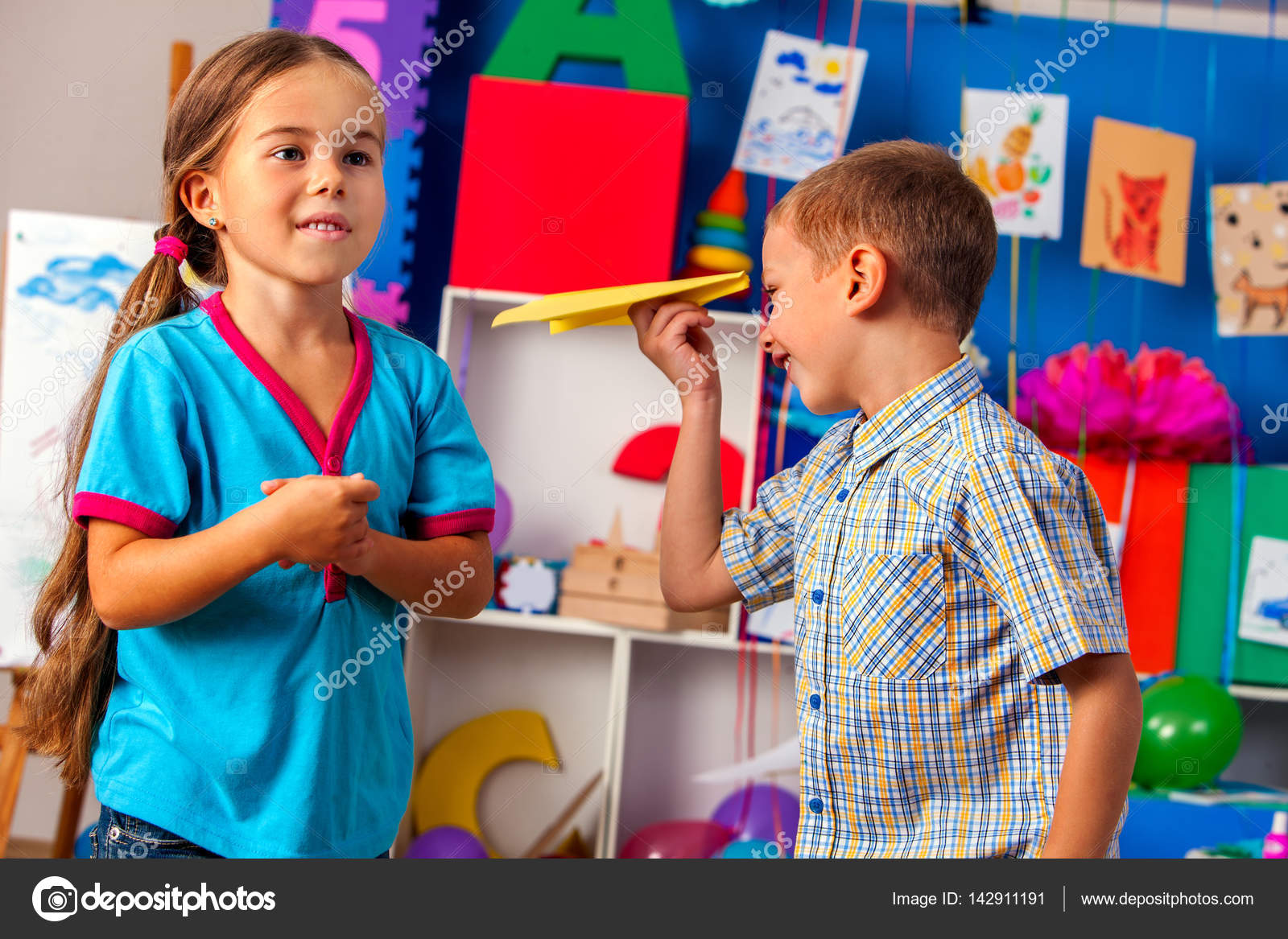 Dreams flight of child in kindergarten. Happy boy child playing ...