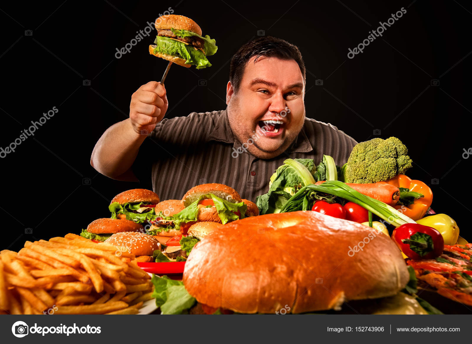 Diet fat man makes choice between healthy and unhealthy food. Stock ...