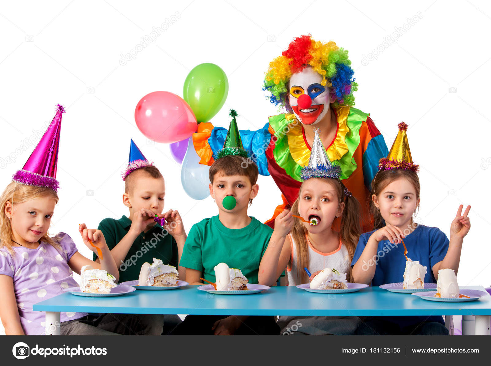 Birthday child clown playing with children. Kid holiday cakes ...