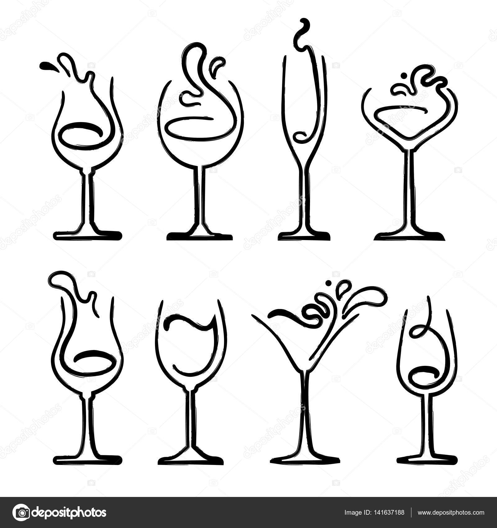 Set of black and white splashing drink on glass. Hand draw style ...