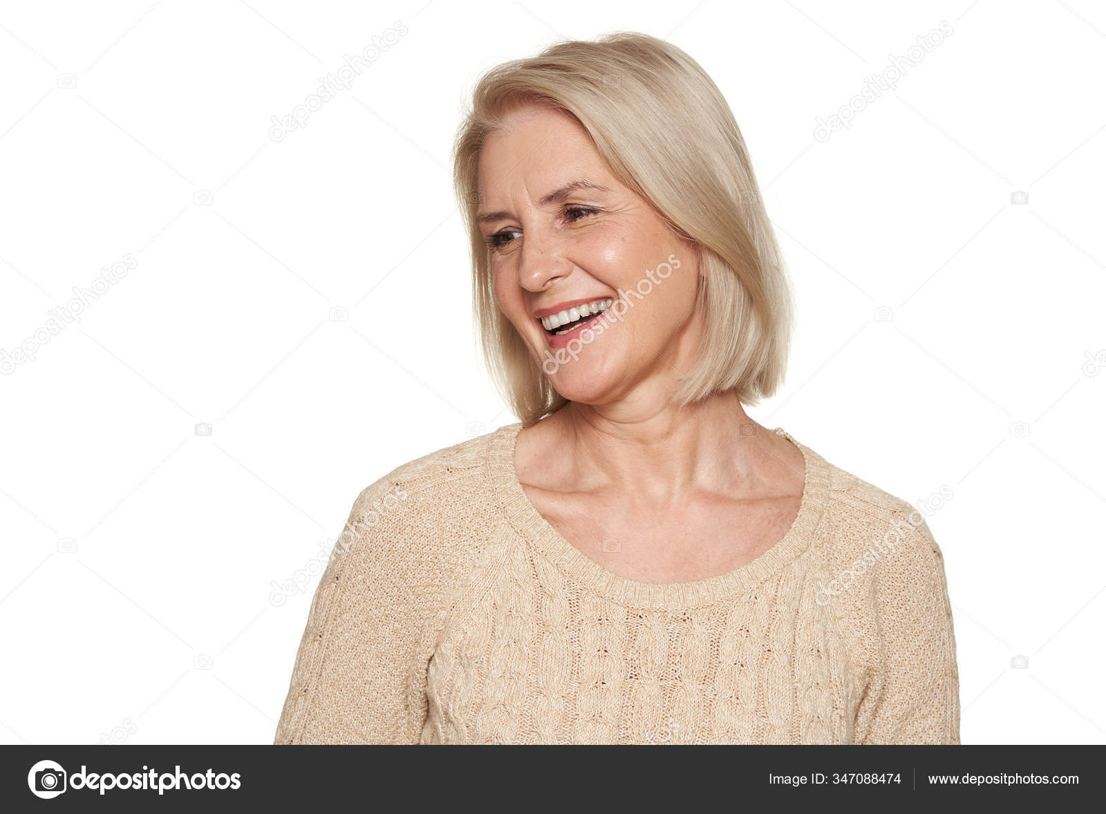 Close Portrait Beautiful Older Woman Smiling Isolated White Stock Photo by ©spaxiax 347088474