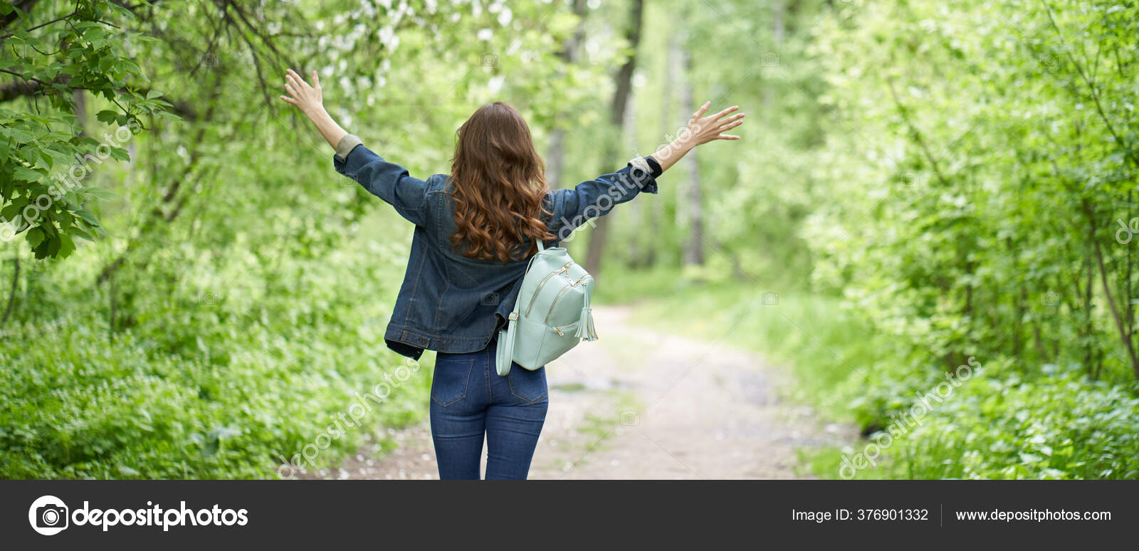 Back View Woman Arms Raised Wearing Backpack Denim Clothes Park Stock ...
