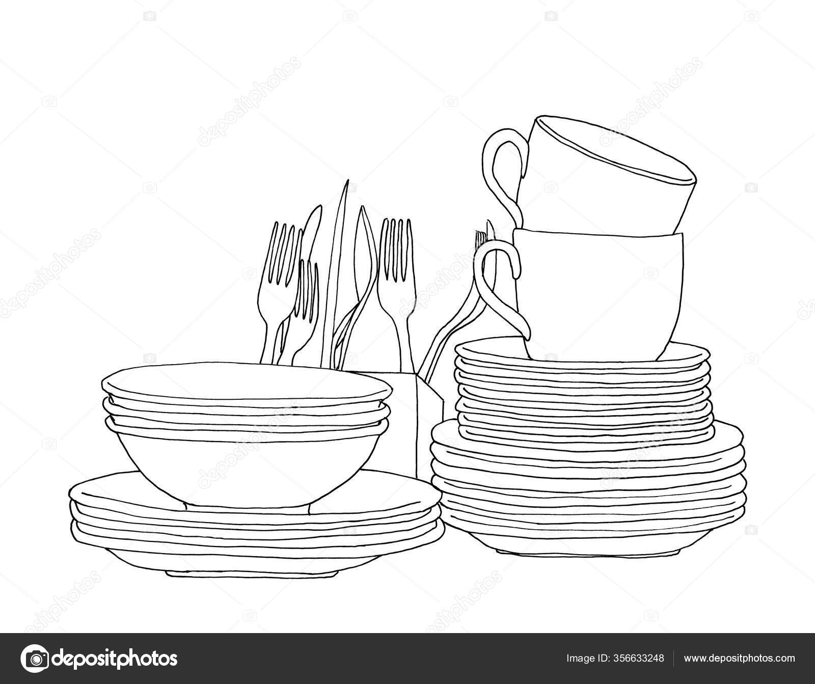 Graphic Sketch Clean Dishes Piles Plates Forks Spoons Knives Stock ...