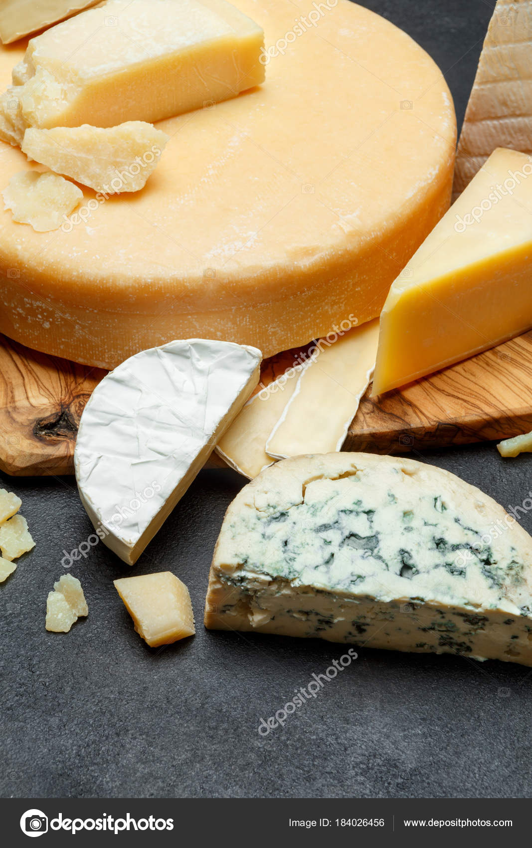 Various types of cheese - parmesan, brie, roquefort, cheddar Stock ...