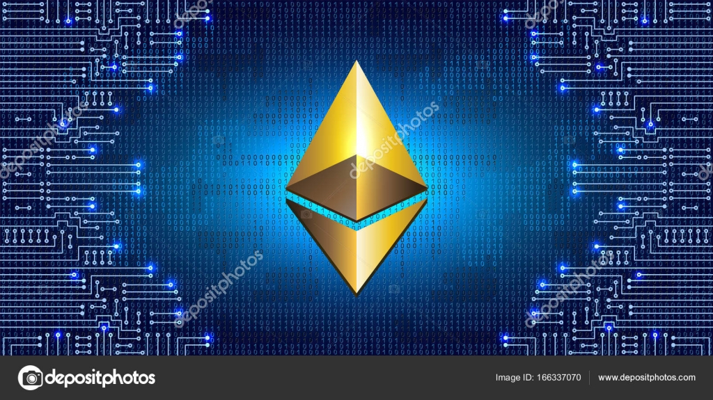 Golden ethereum coin on binary code background and electronic ci Stock ...