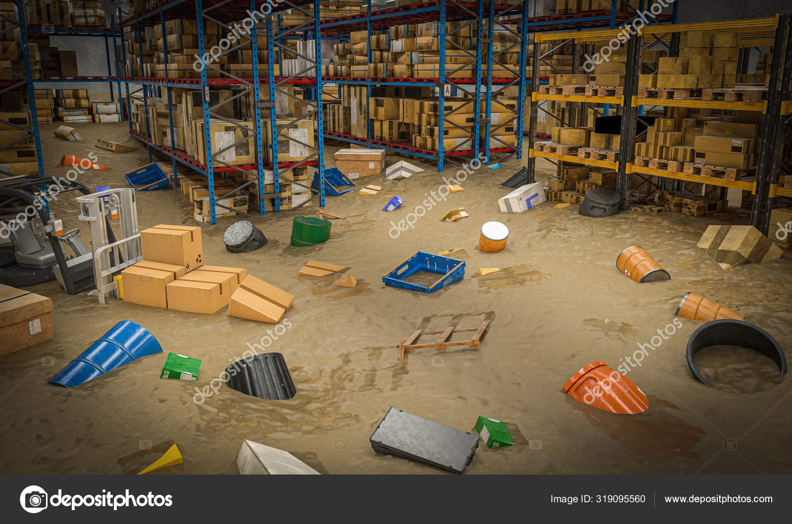 Intérieur d'un entrepôt plein de marchandises endommagées par un déluge ...