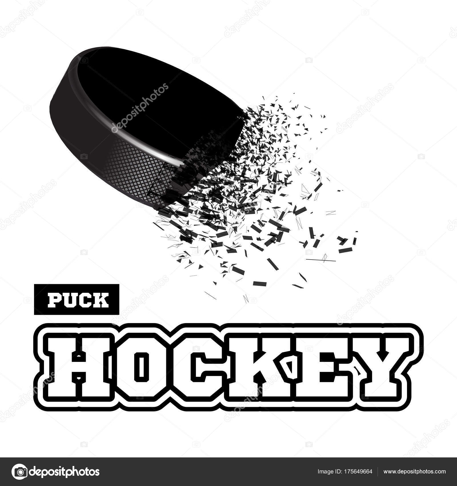 Exploding hockey puck with flying particles on a white background ...