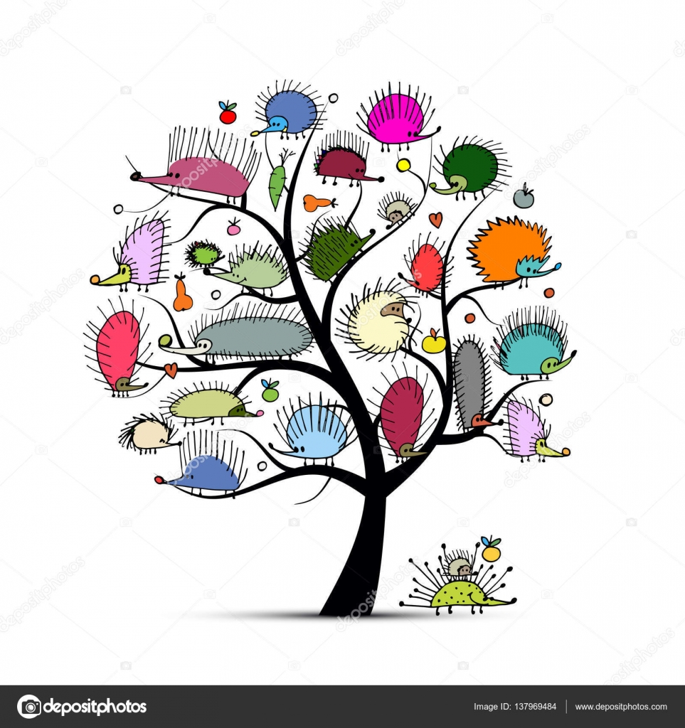 Art tree with funny hedgehog, sketch for your design Stock Vector Image ...