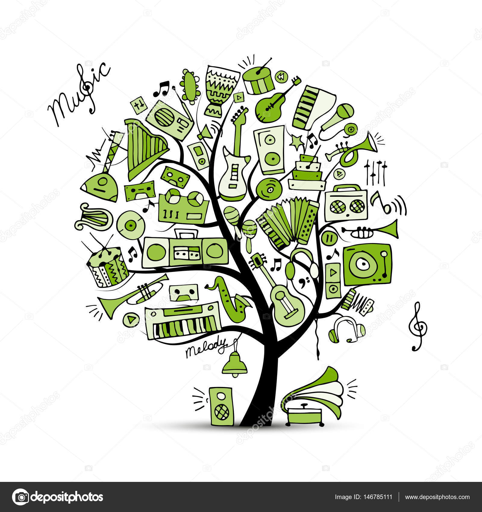 Music instruments tree, sketch for your design Stock Illustration by ...