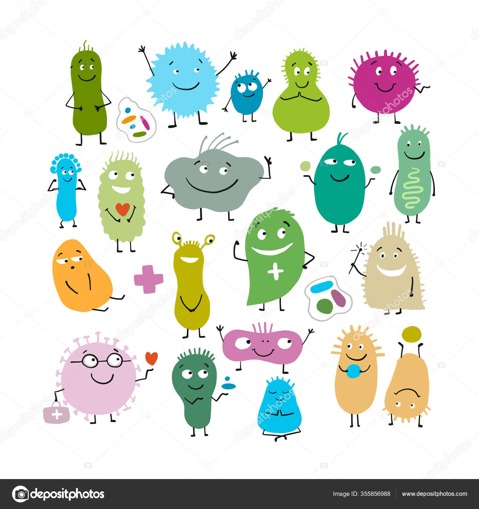 Karakter bakteri lucu dan menakutkan terisolasi pada warna putih. Vektor ikon usus dan usus ...
