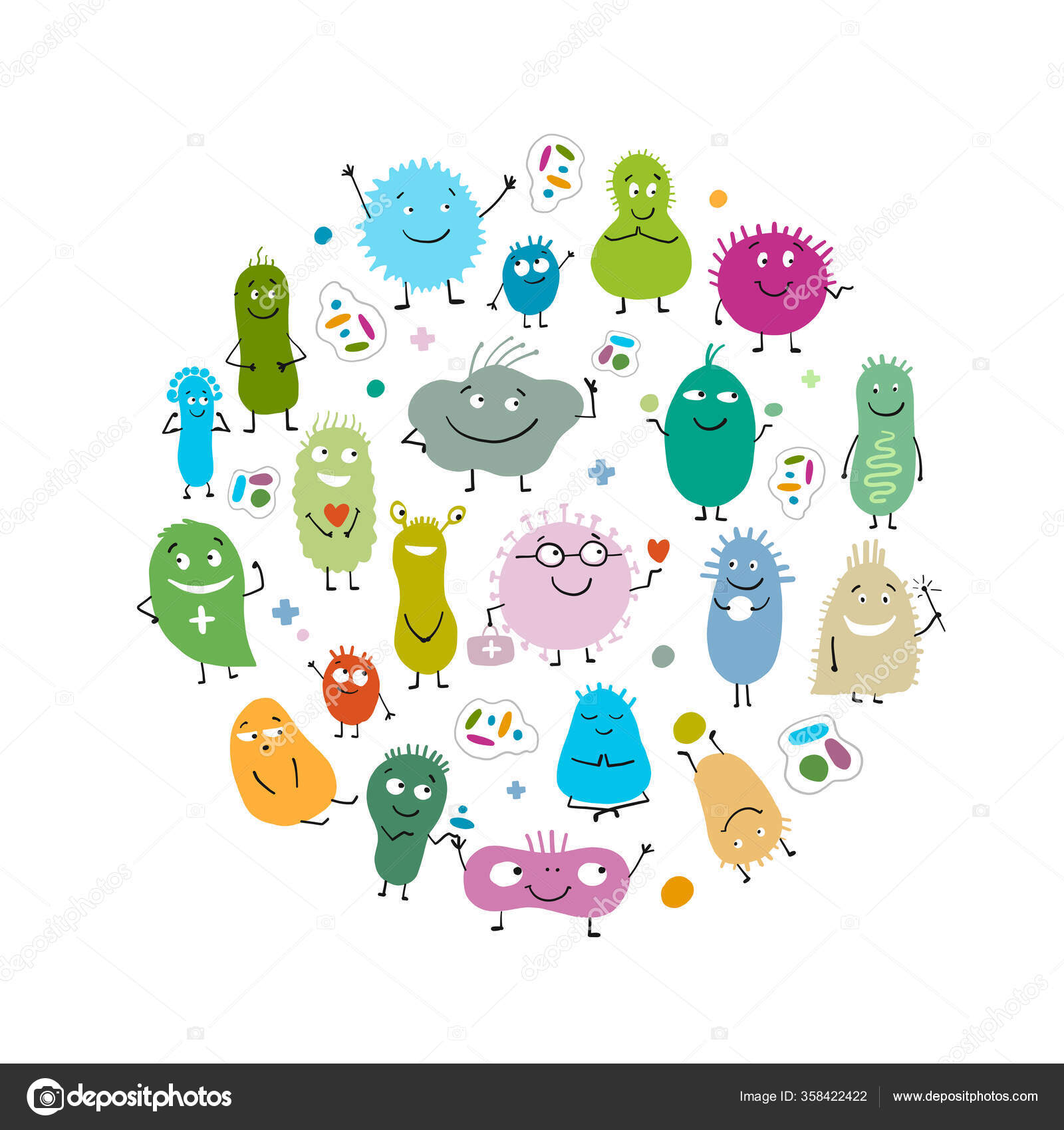 Funny and scary bacteria characters isolated on white. Circle frame ...