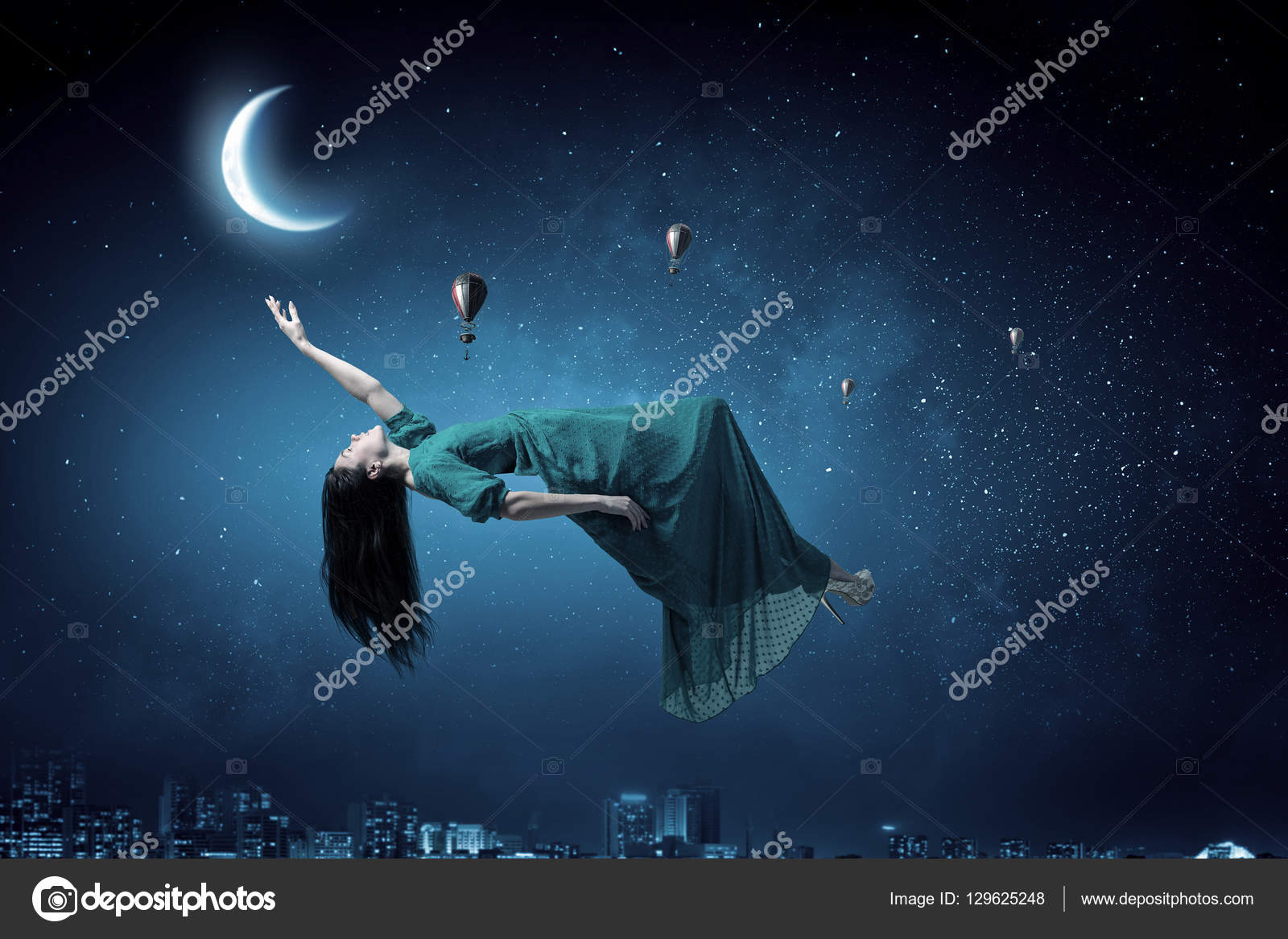 Woman levitating in sky . Mixed media Stock Photo by ©SergeyNivens ...
