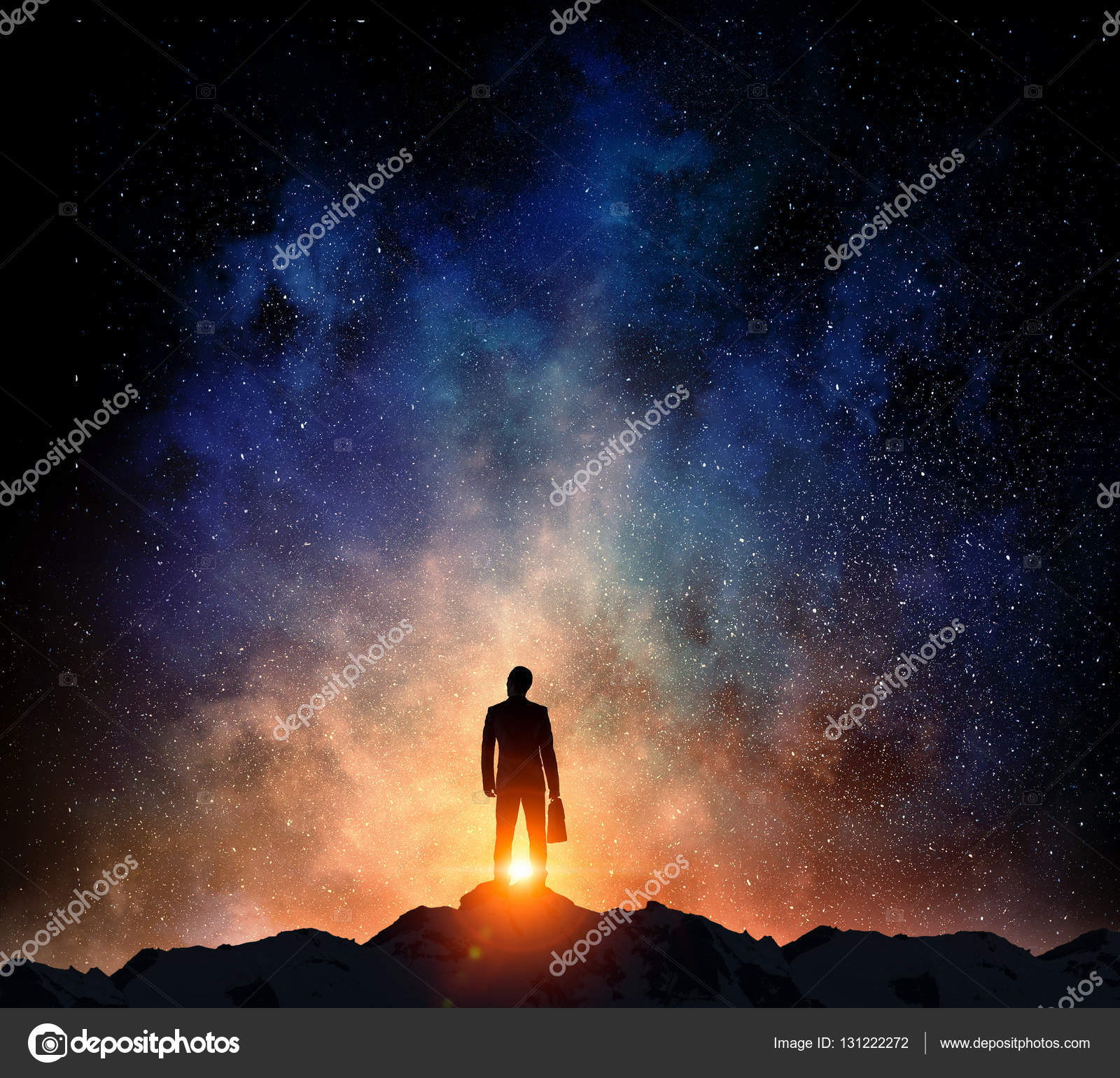 Businessman against starry sky . Mixed media — Stock Photo ...
