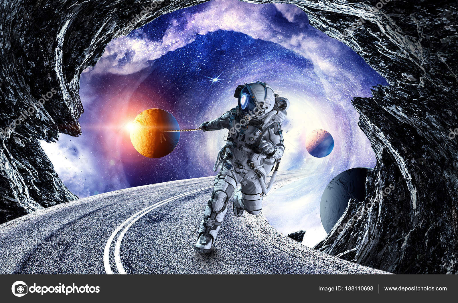 Fantasy image with spaceman catch planet. Mixed media — Stock Editorial ...