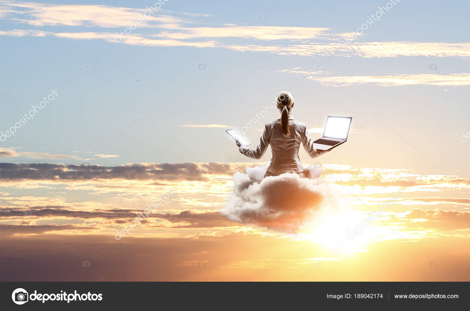 Woman float above city Stock Photo by ©SergeyNivens 189042174