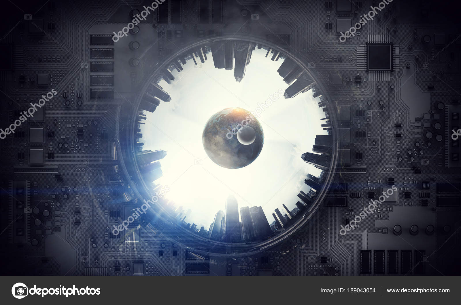 Circled cityscape and Earth planet Stock Photo by ©SergeyNivens 189043054