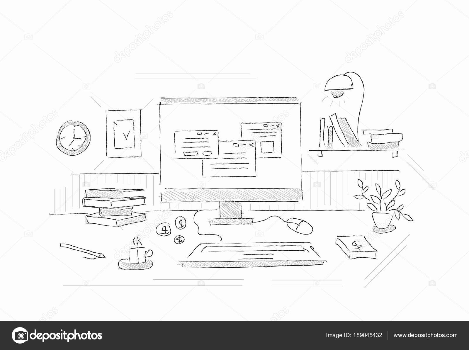 Drawn image of work table with objects — Stock Photo © SergeyNivens ...