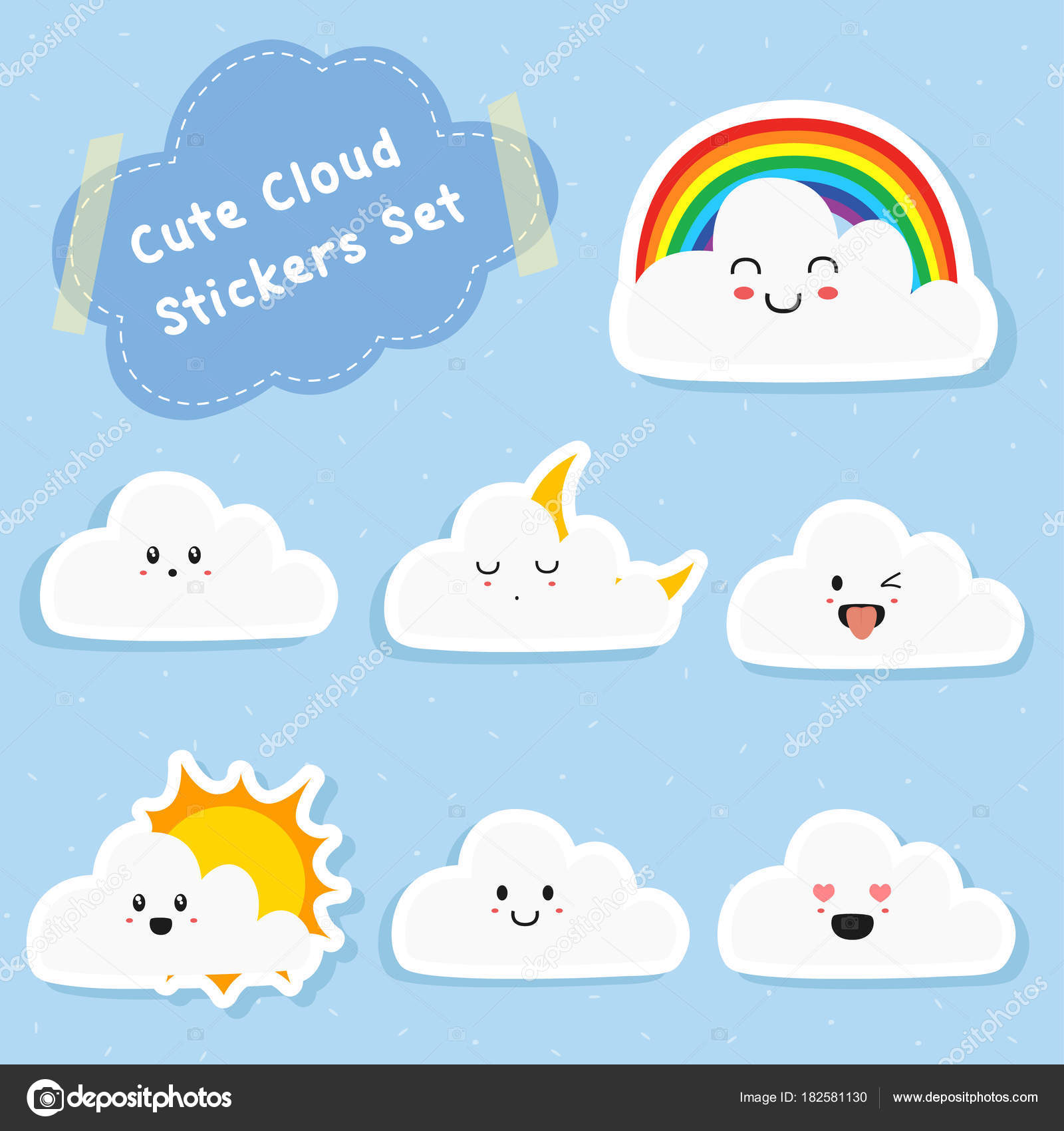 Set Cute Clouds Stickers Different Expression Printable Stickers Set ...
