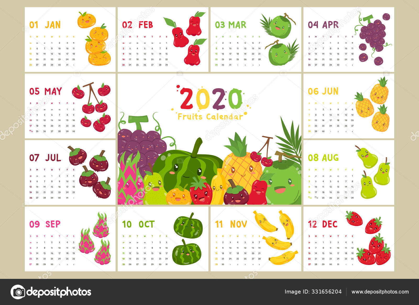Calendar 2020 Monthly Calendar Set Tropical Fruits Printable Fruit ...