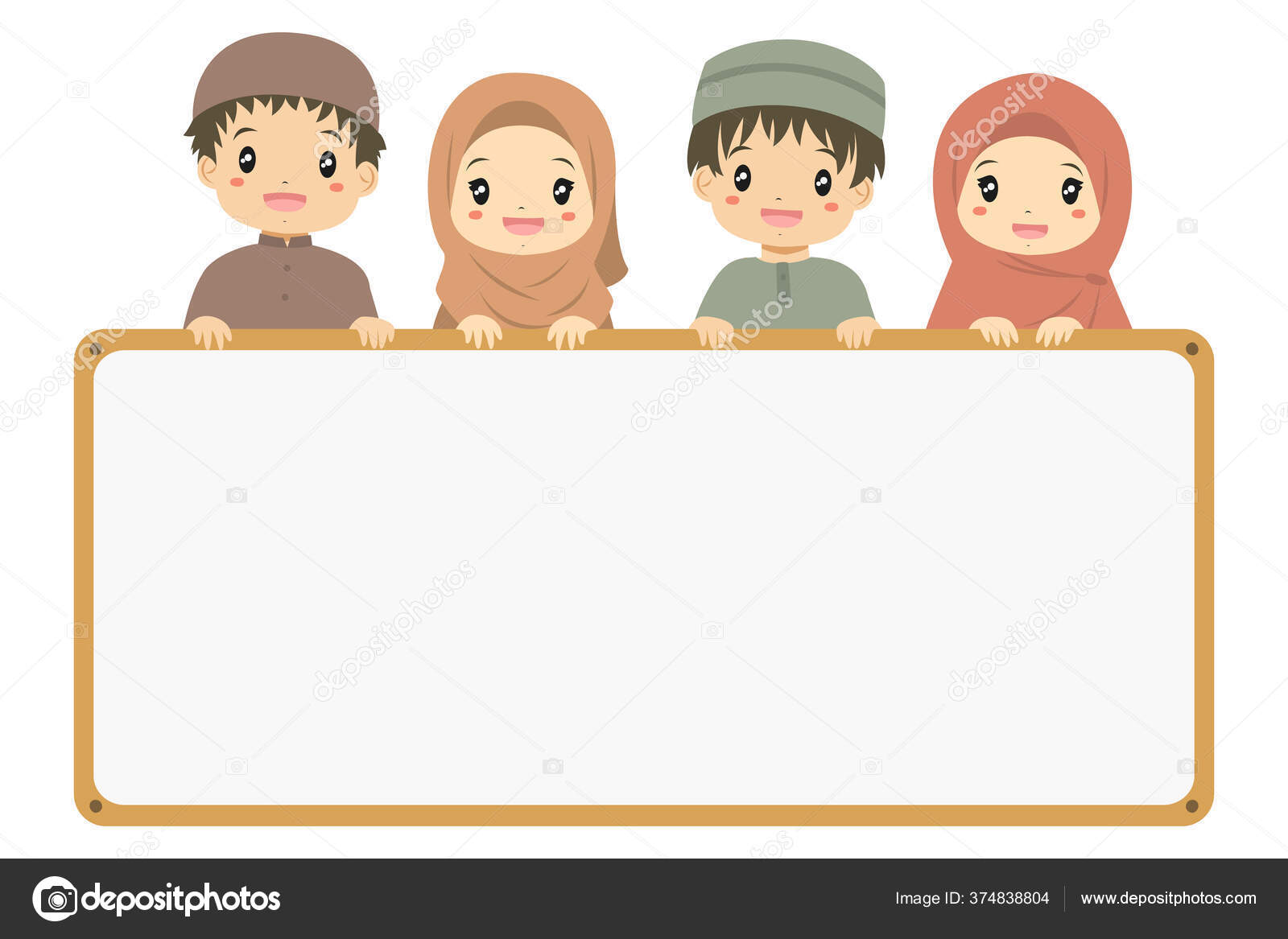 Muslim Little Boys Girls Holding Empty Whiteboard Muslim Kids Cartoon ...
