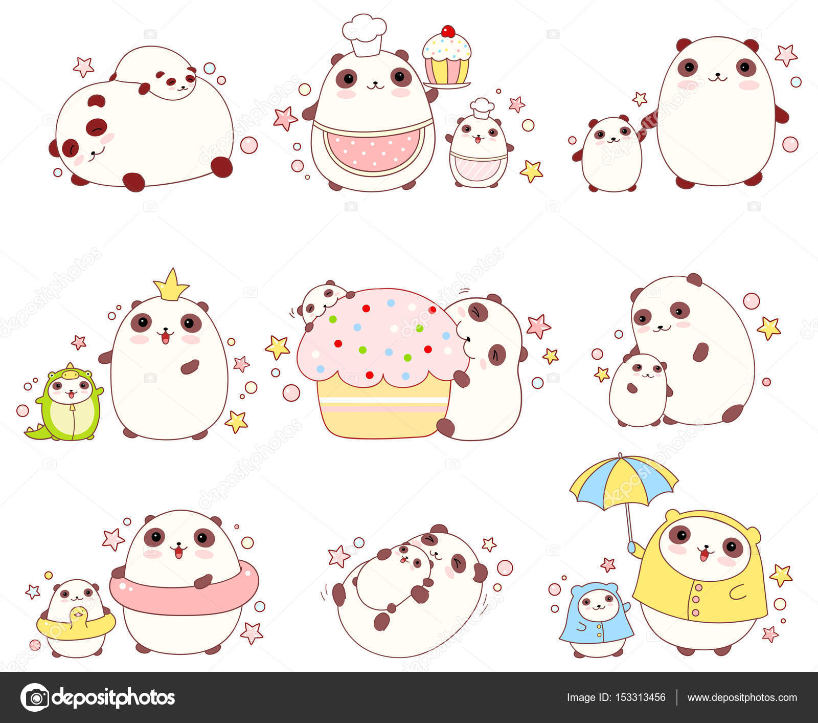 Set of cute pandas in kawaii style Stock Vector by ©frenta 153313456
