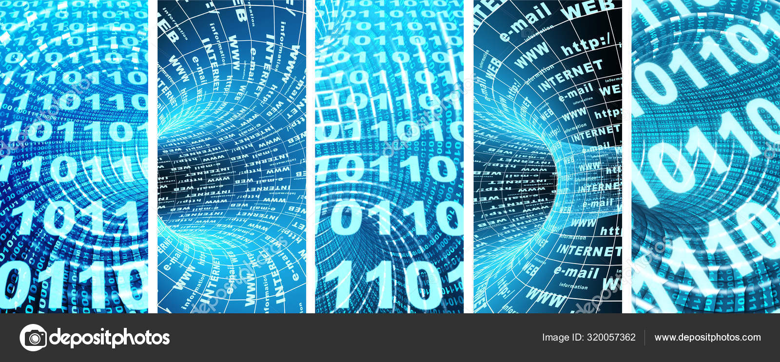 Set of vertical banners with abstract blue tunnel and binary cod ...