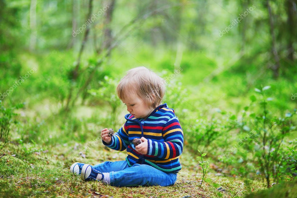 Adorable niña en el bosque, sentada en el suelo y jugando con conos de ...