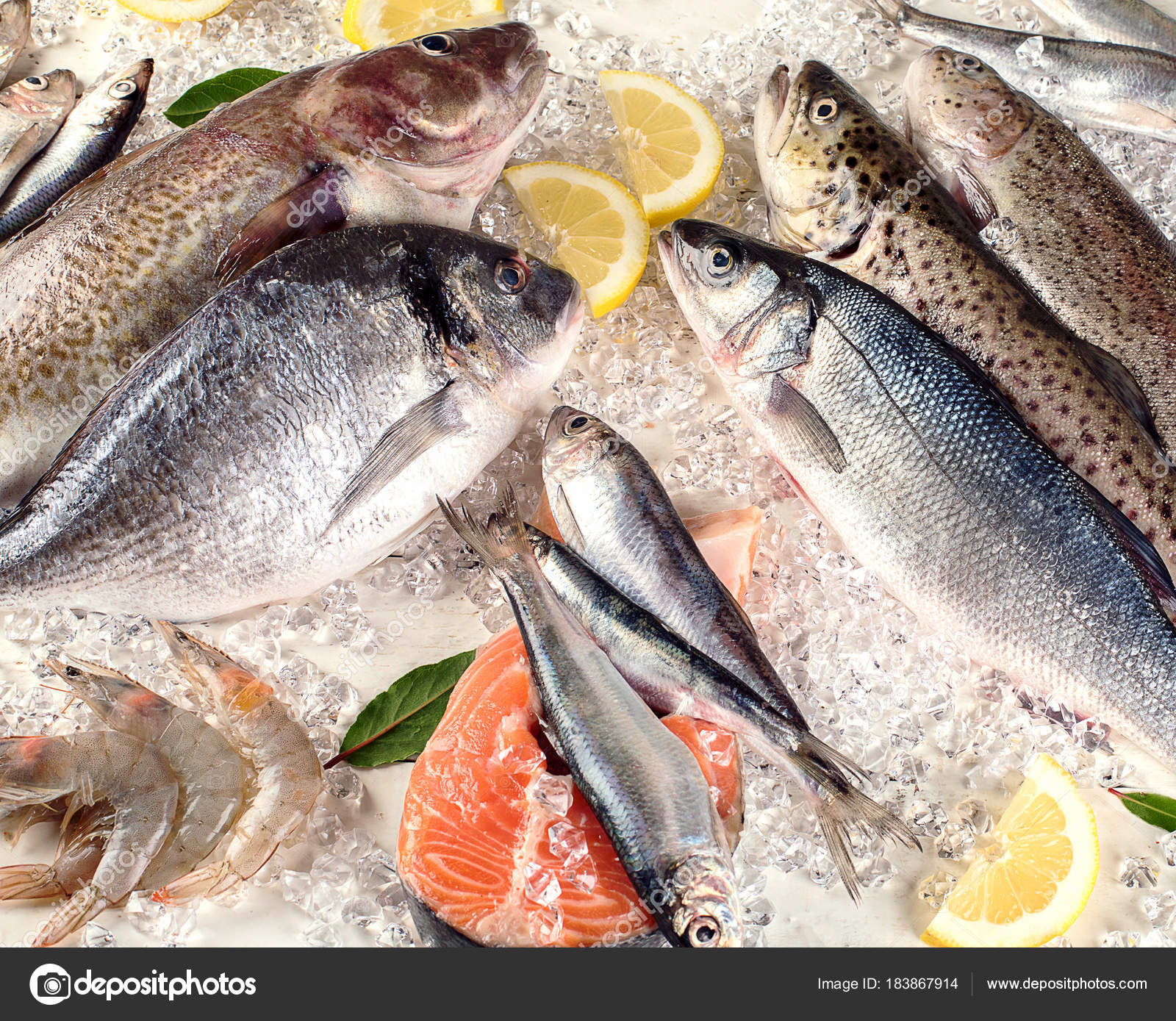 Fresh Fish Seafood White Wooden Background Healthy Eating Top View ...