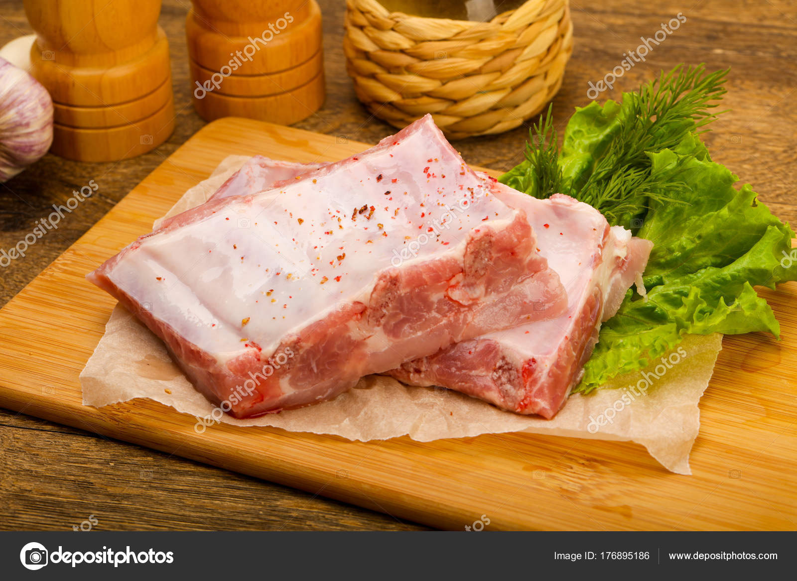 Raw Pork Ribs Spices Ready Cooking Wooden Table Background — Stock ...