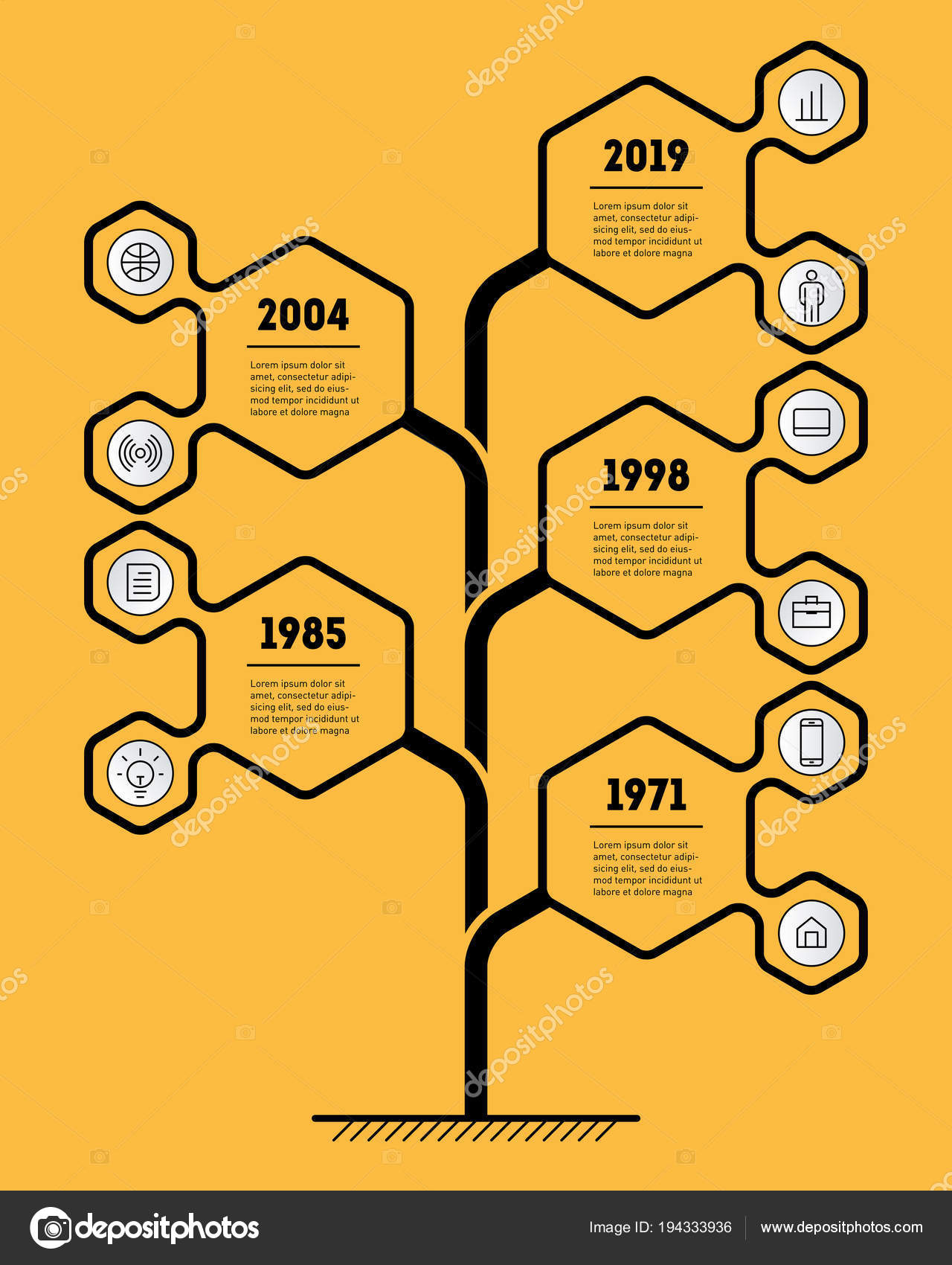 Timeline Infographics Outline Hexagonal Figures Orange Background Stock ...