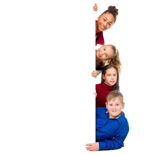 Kids peeking out from empty board isolated on white ⬇ Stock Photo ...