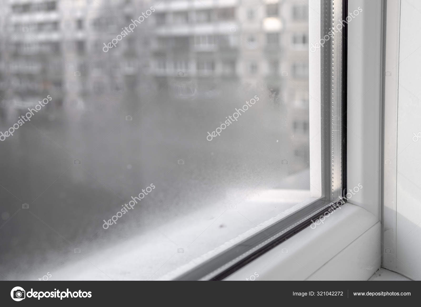 Water condensation on PVC windows during autumn. Plastic window. Stock ...