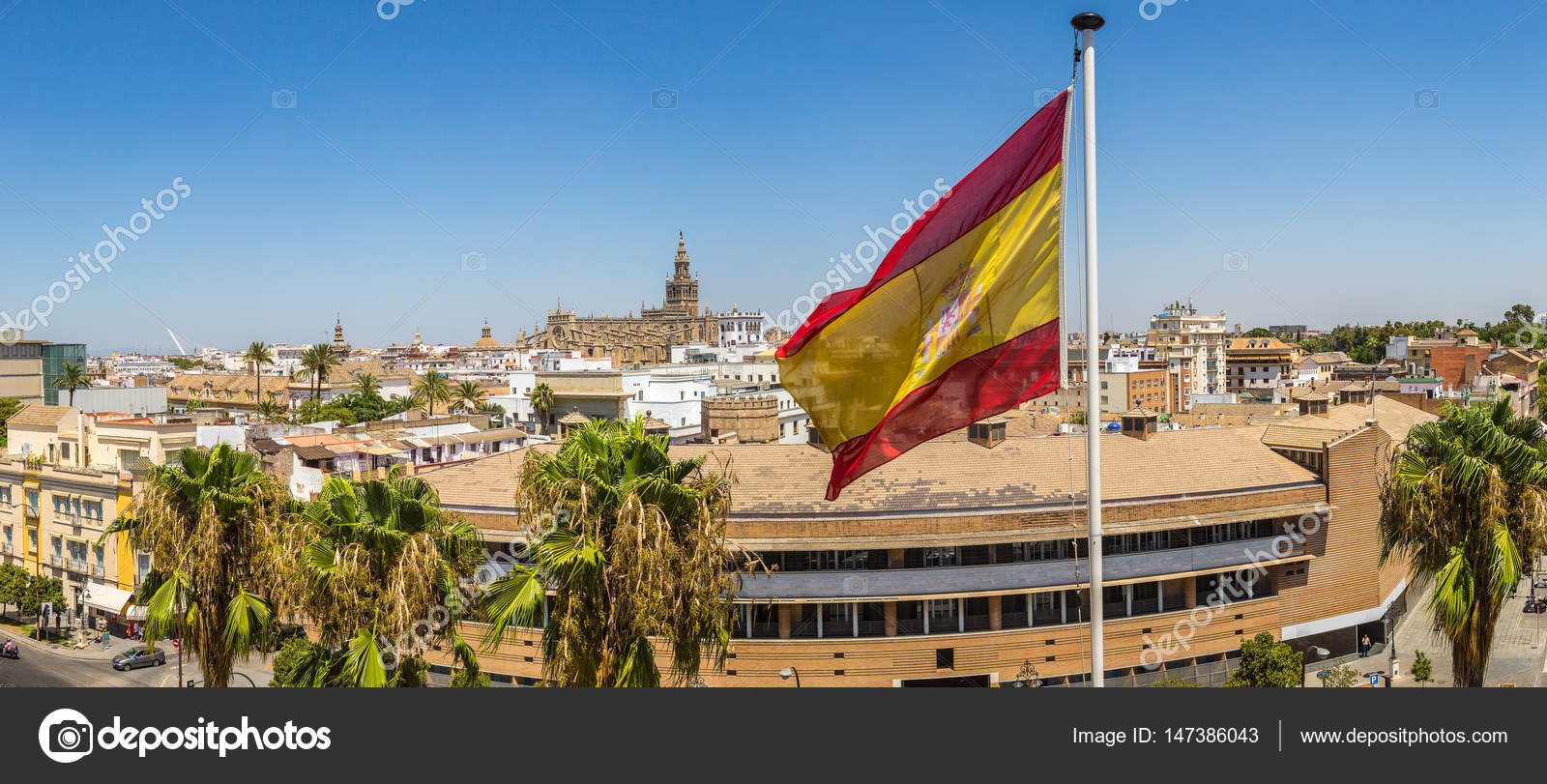 Spain flag and panoramic aerial view of Sevilla — Stock Photo © bloodua ...