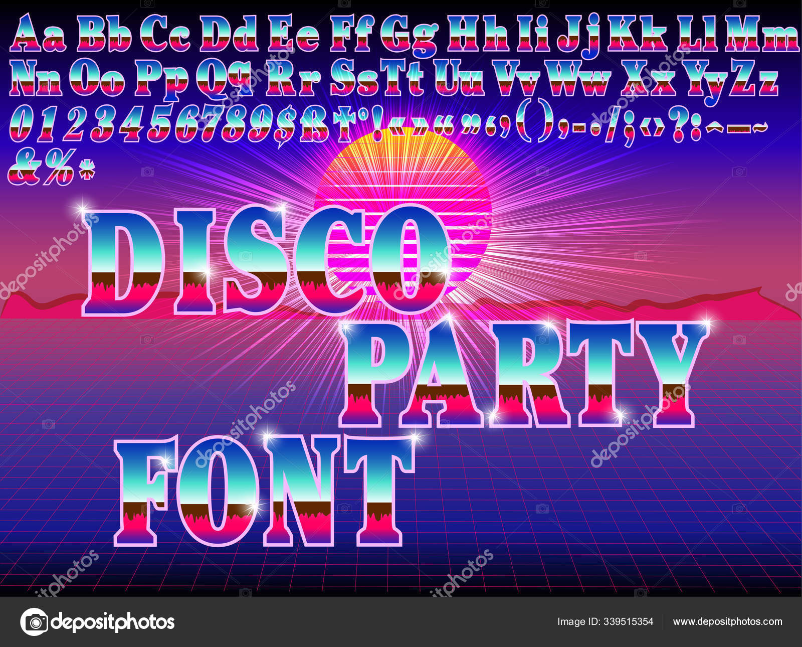 Illustration Retro Disco Party Bright Font Sunset Background Stock ...