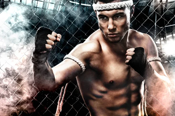 Energy and power boxing concept. Sportsman muay thai boxer fighting in ...