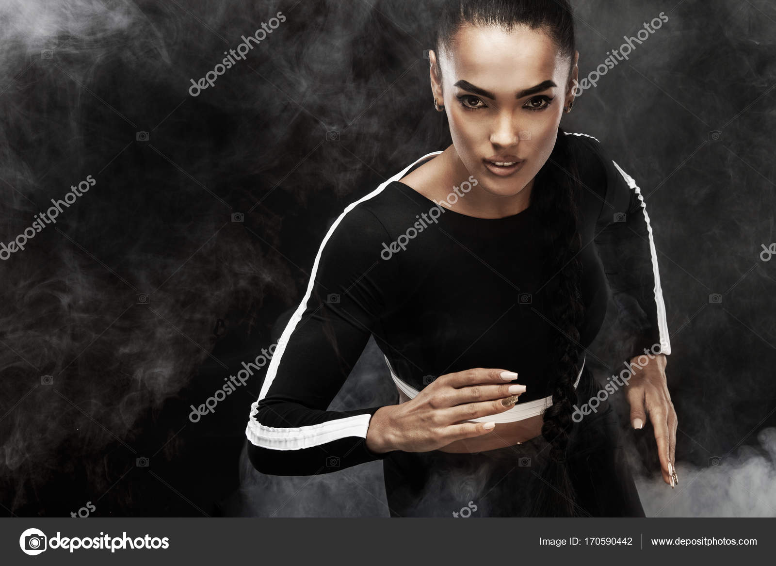 A strong athletic, woman sprinter, run. Girl wearing in the sportswear ...