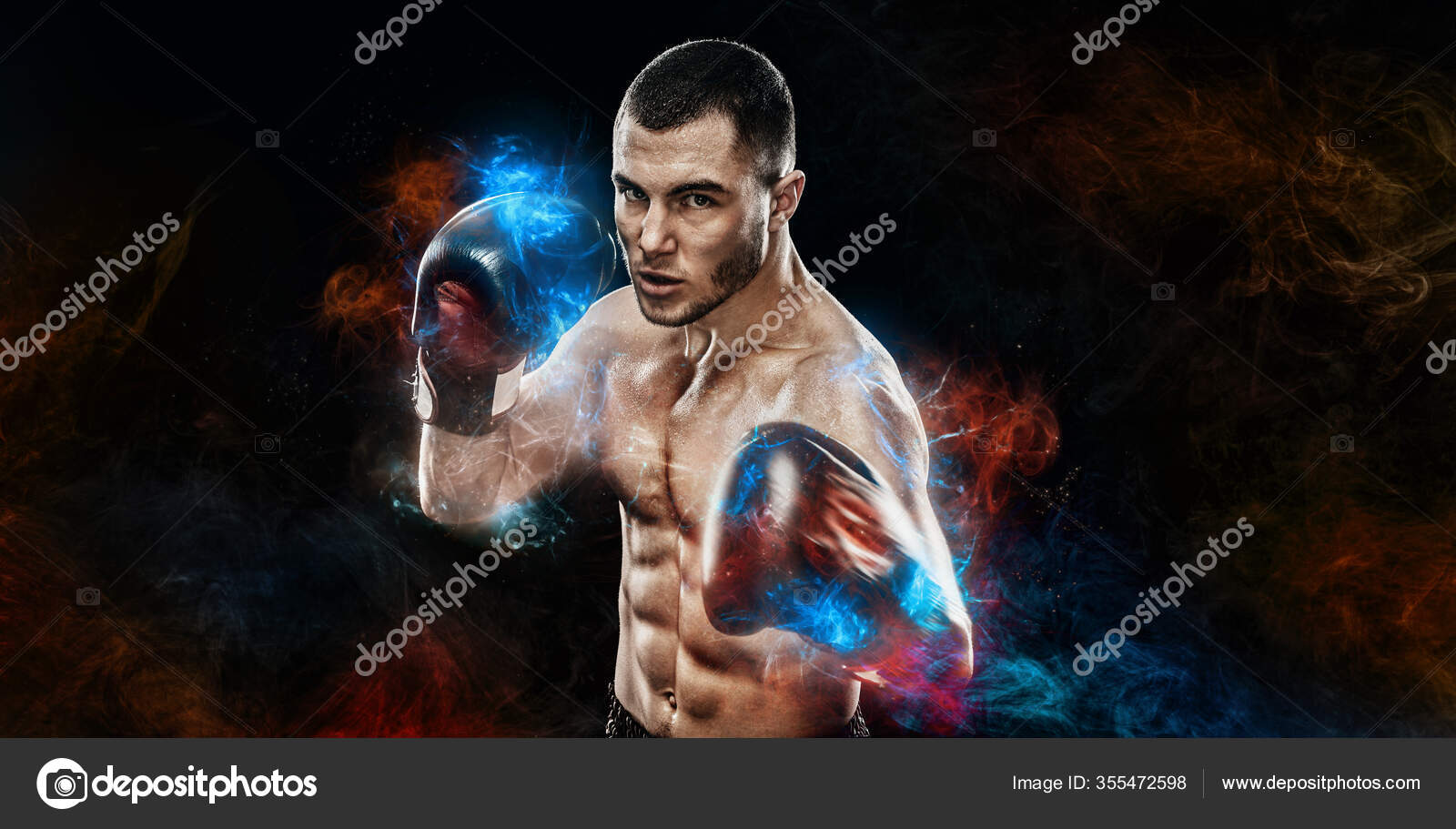 Energy and power boxing concept. Sportsman muay thai boxer fighting in ...
