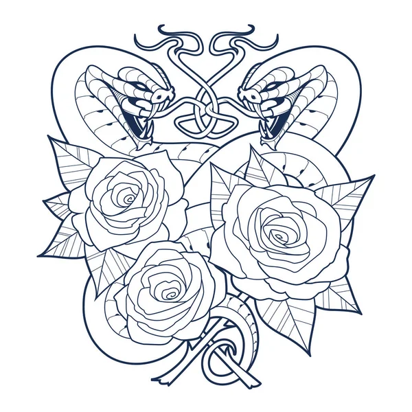 Two Snakes Open Mouth Roses Leaves Tattoo Style Vector Art Stock Vector ...