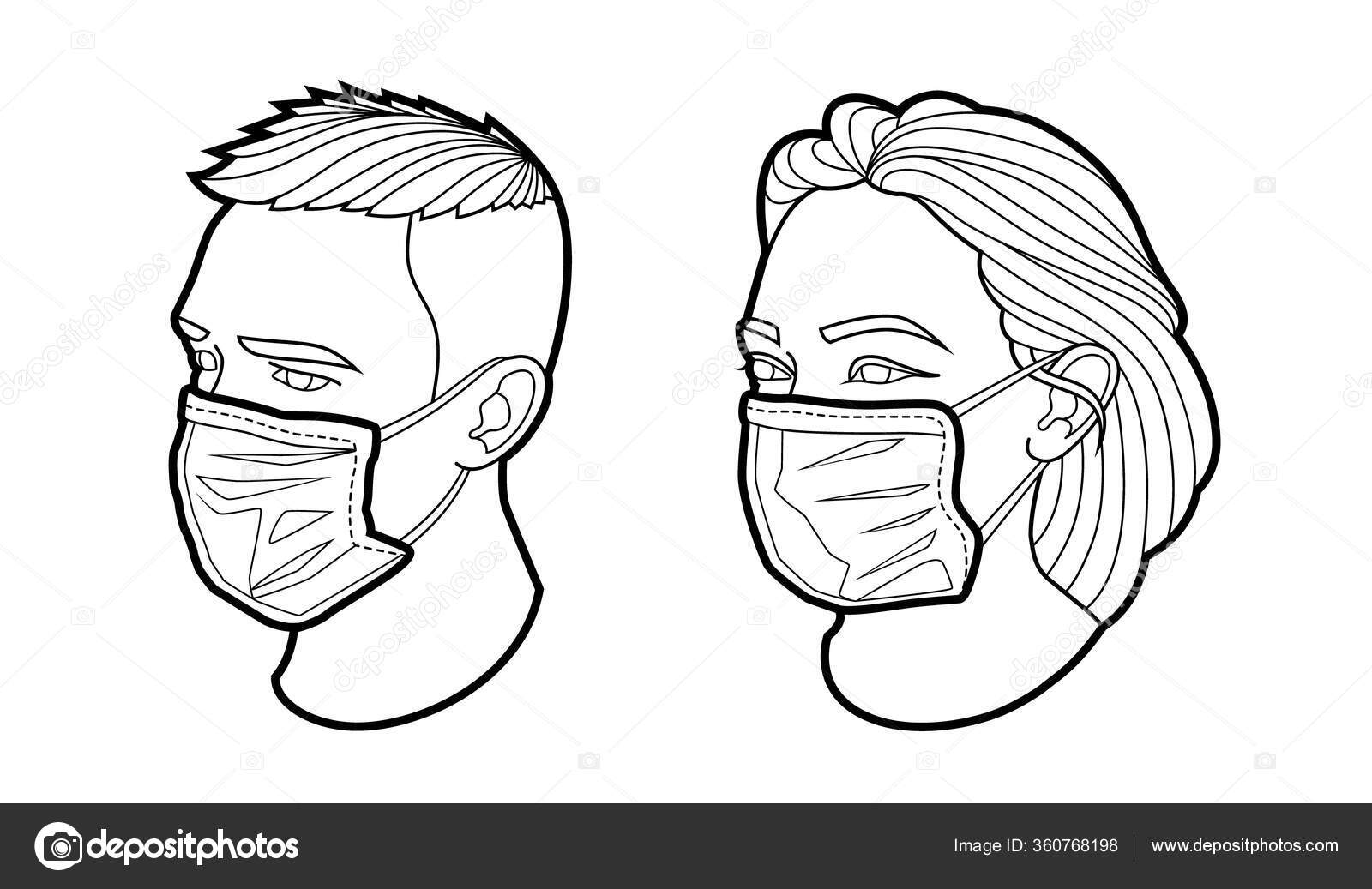 Faces Masked Man Woman Line Art Monochrome Illustration Coronavirus ...