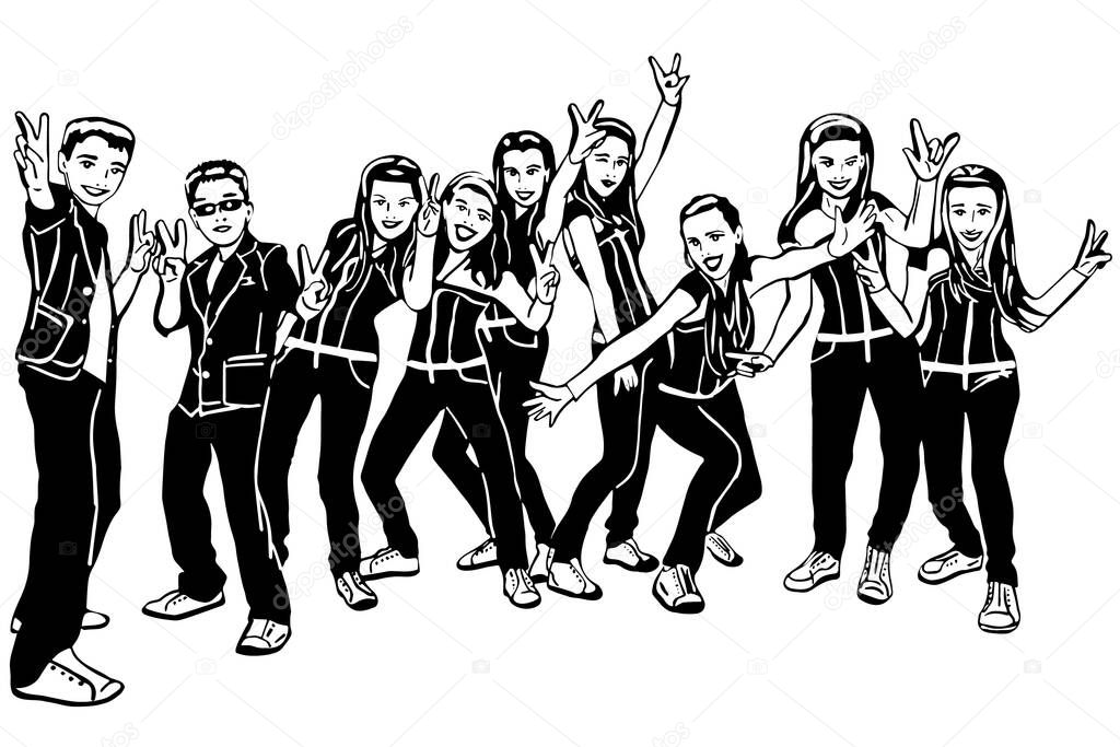 dibujo vectorial en blanco y negro de un grupo de adolescentes alegres 2023