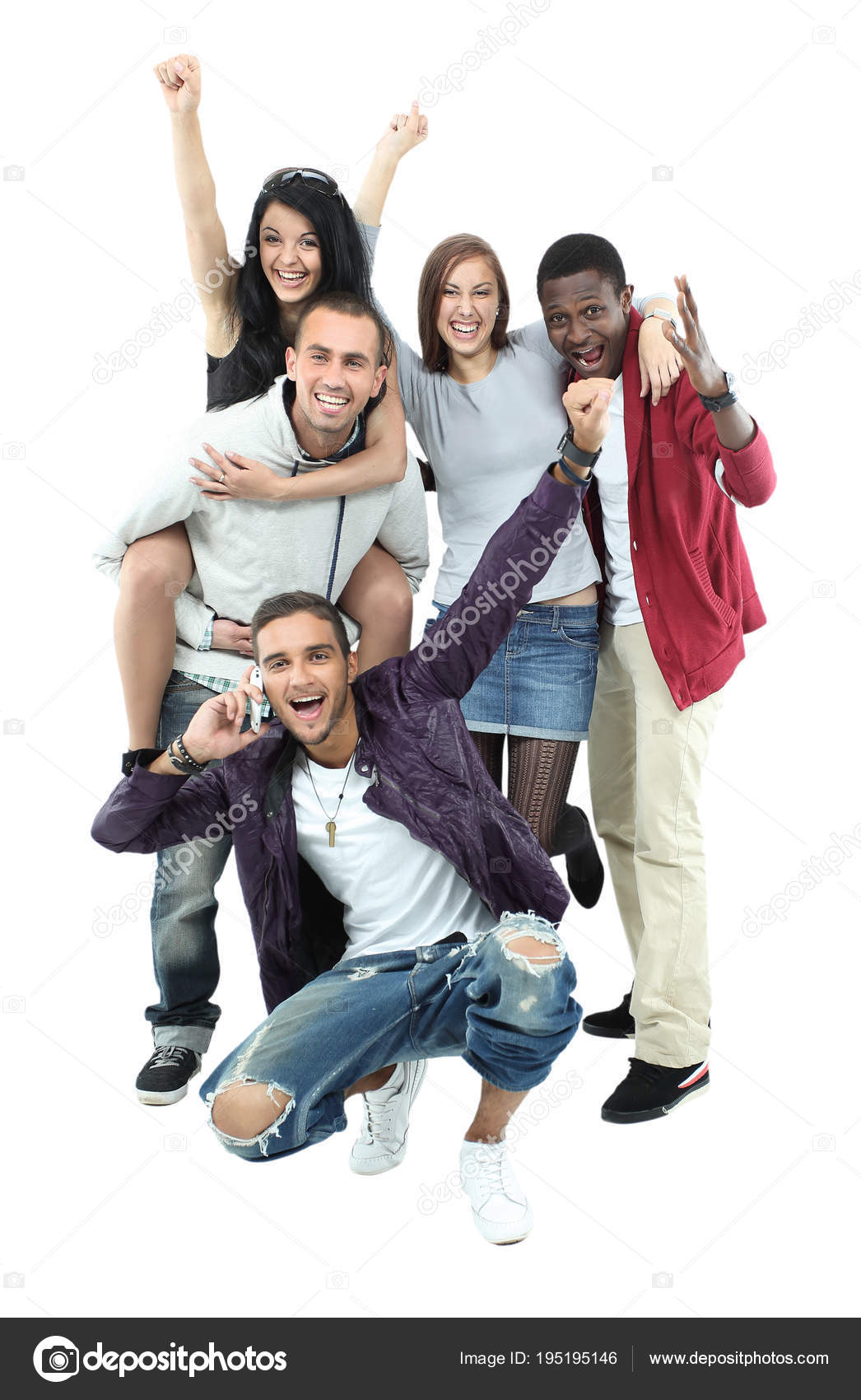 Group of five different young people - Isolated over white backg ...