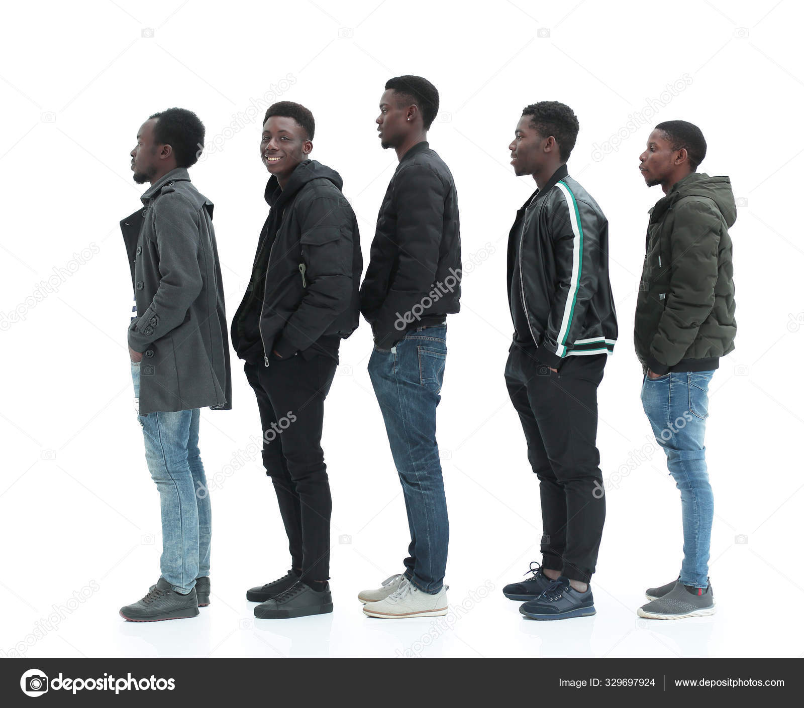 Group of diverse guys standing in turns . isolated on white Stock Photo ...